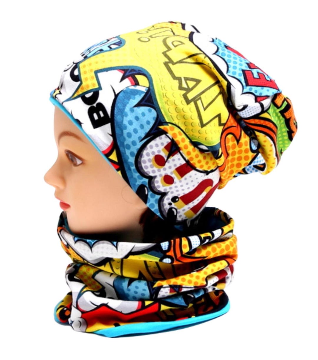 Comic Splash Slouchy Beanie & Neckwarmer Set – Handmade Cotton Jersey ...