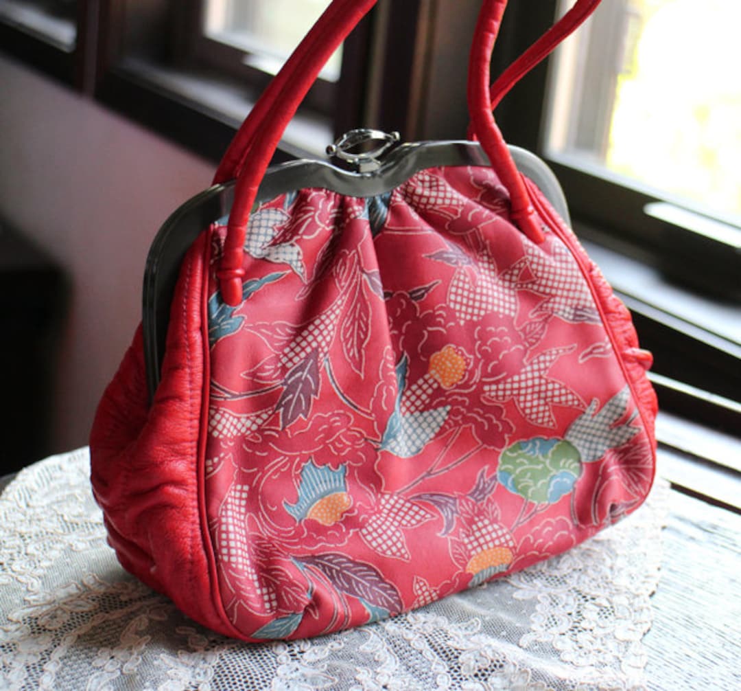 Vintage Japanese Leather Purse Red Oriental Flower Small Clutch Bag for ...