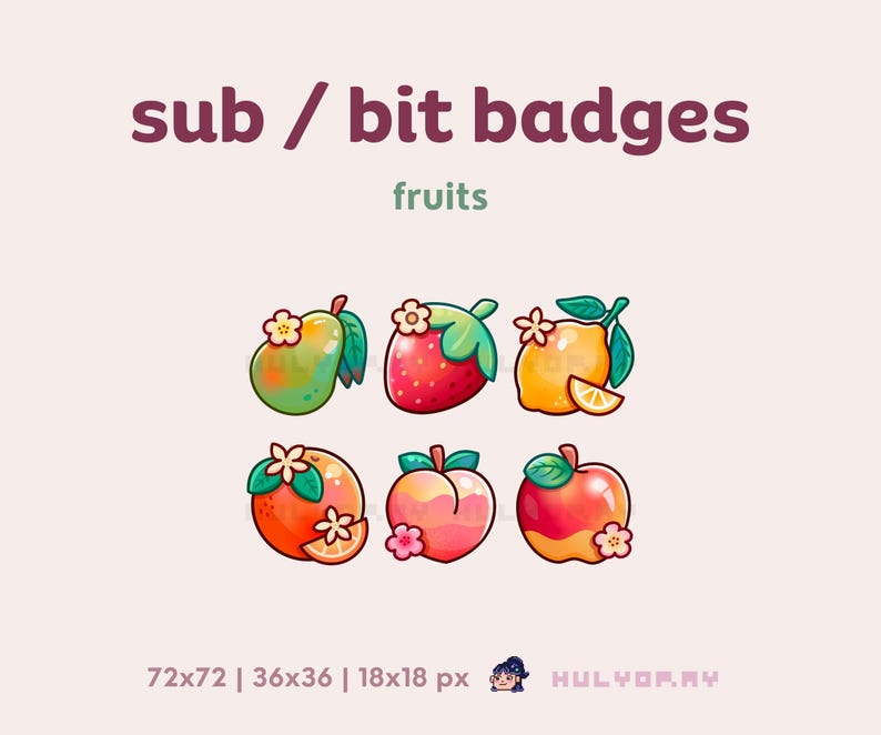 6 Twitch Sub Badges | Fruits | Channel Bits | Cute Flowers | Summer ...