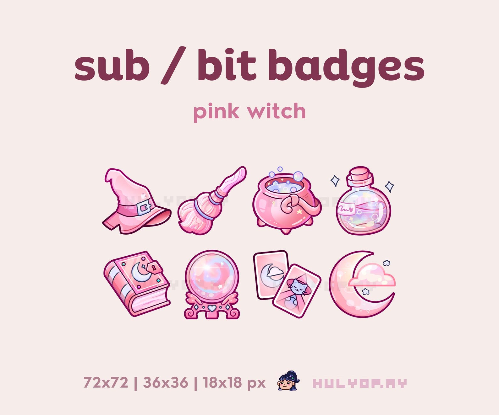 8 Twitch Sub Badges | Pink Witch | Channel Bits | Celestial Moon ...
