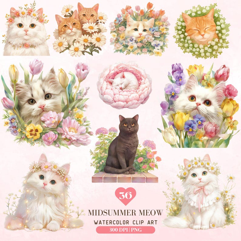Watercolor Mid Summer Meows Clipart PNG Bundle, Pastel Cat Summer ...