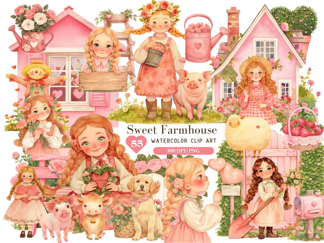 Watercolor Sweet Farmhouse Clipart Bundle, Pink Farm Girl Clip Art ...