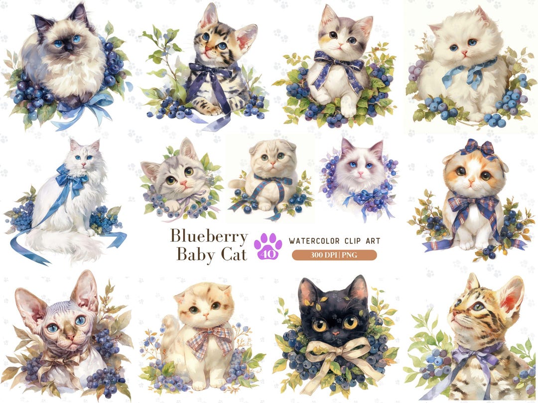 Watercolor Cute Blueberry Baby Cat Clipart, Cute Kittens Animal Nursery ...