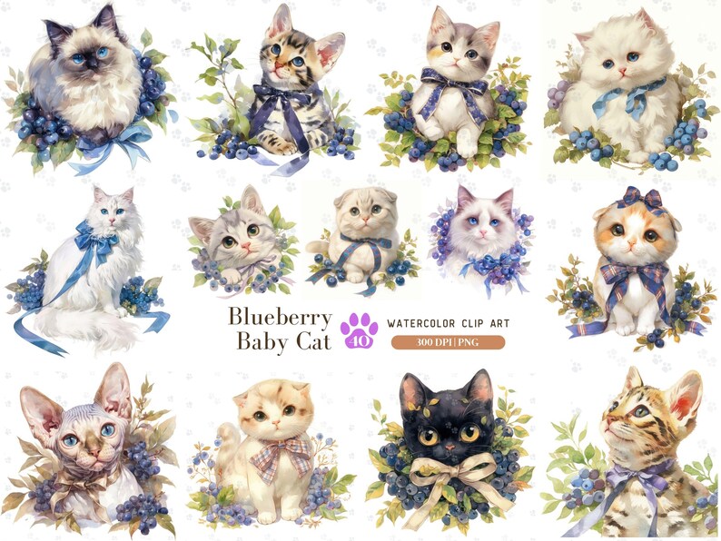 Watercolor Cute Blueberry Baby Cat Clipart, Cute Kittens Animal Nursery ...