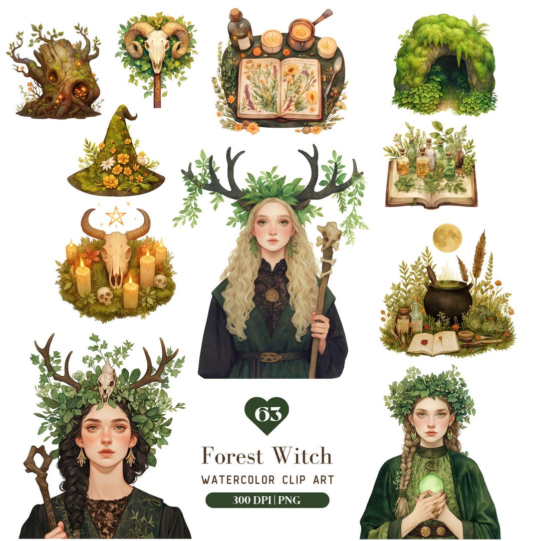 Watercolor Forest Witch Clipart, Gothic Witch PNG, Herbal Apothecary ...