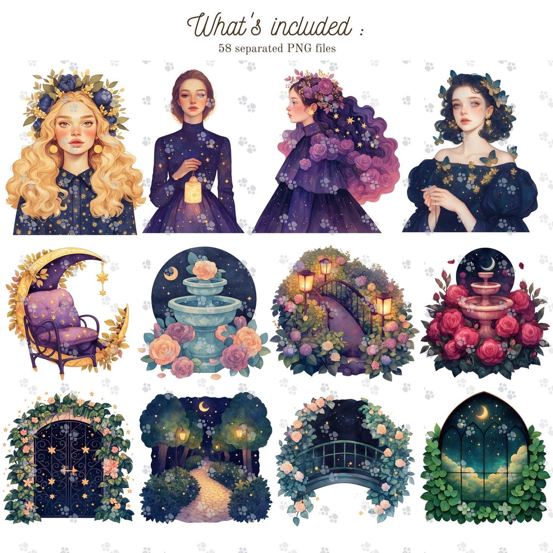 Watercolor Mystic Garden Clipart Bundle, Romantic Navy Gold Clipart PNG ...