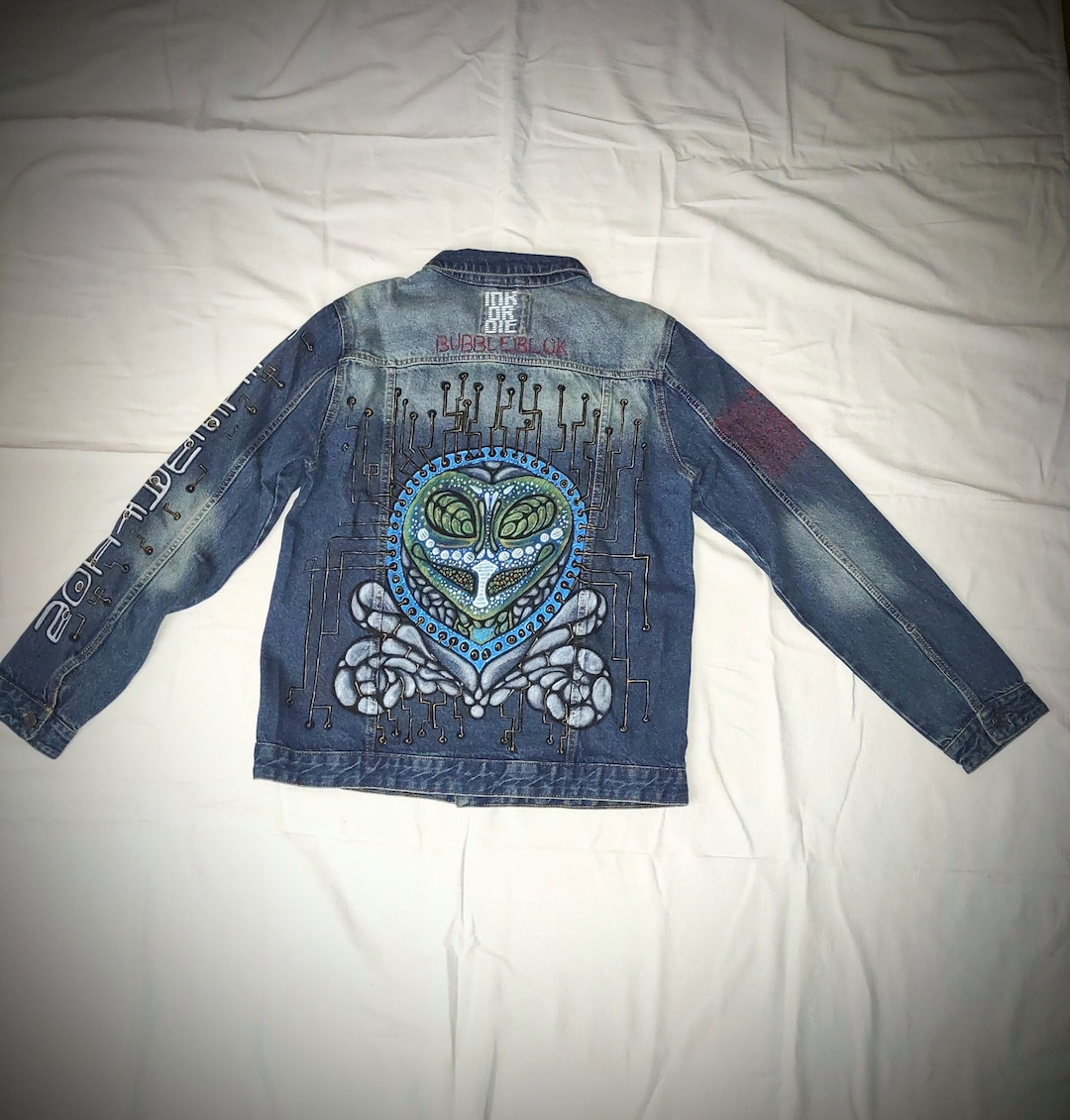 Custom Cyber Denim Jacket Hand Painted Alien and Hand Embroidery, This ...