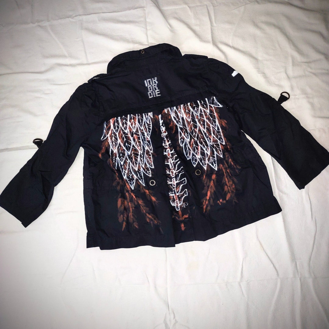 Custom Hand Painted Cropped Military Punk, Goth Jacket Angel Wings and ...