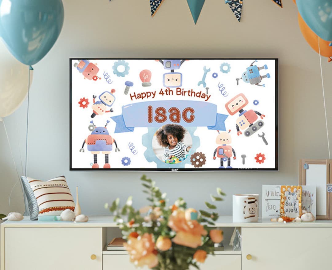 Personalized Boys Robot Happy Birthday TV Art Banner, Frame Smart TV ...
