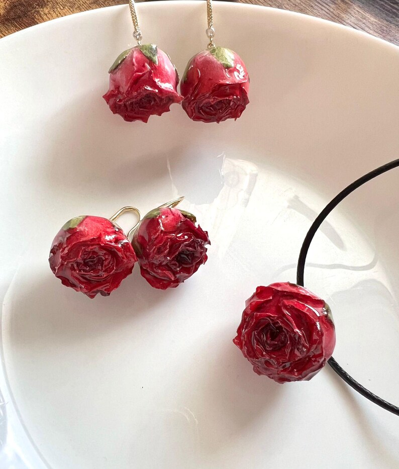 Real BIG Red Rose With Leave Earring and Necklace, Resin Dipped Rose ...