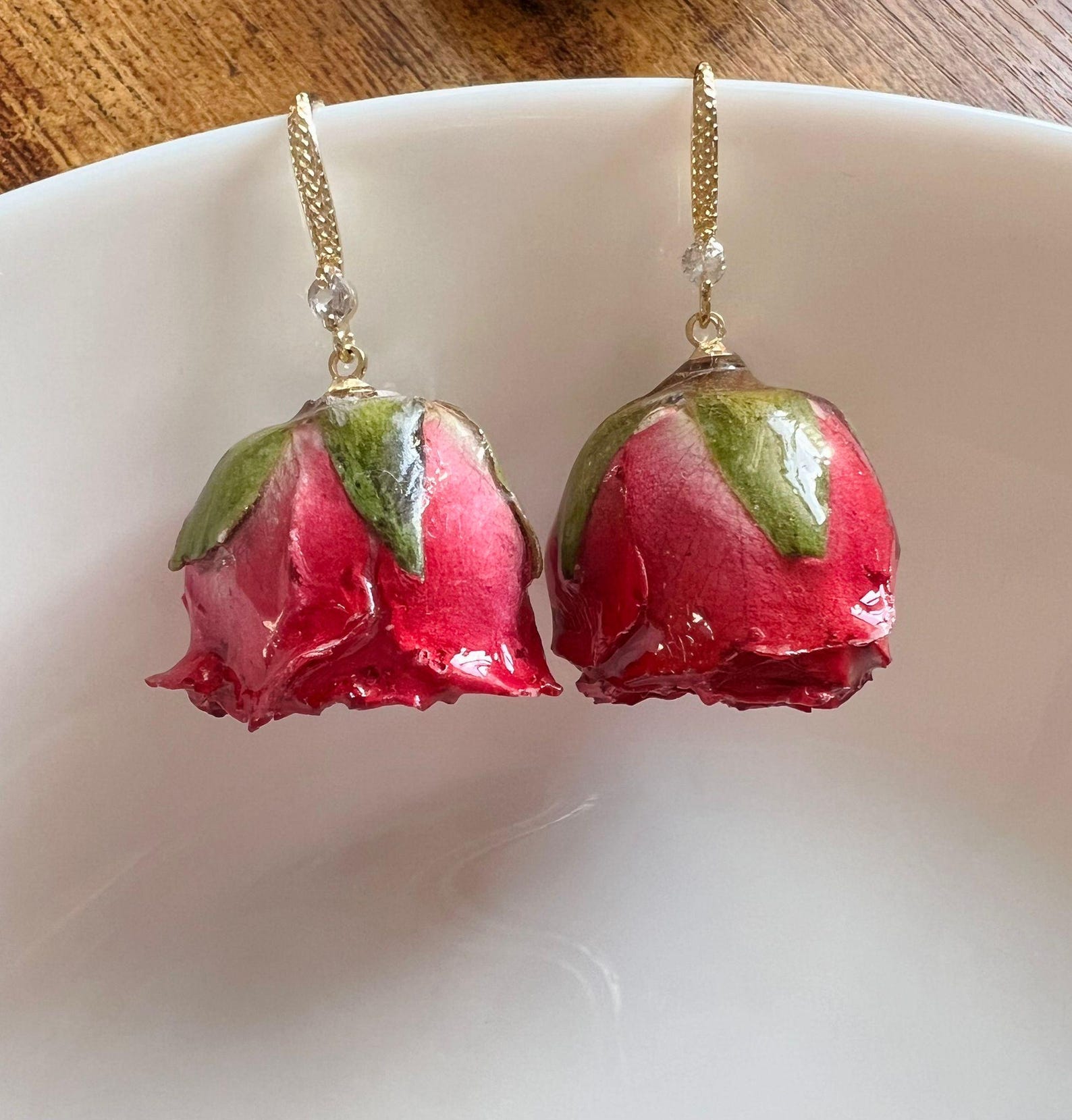 Real BIG Red Rose With Leave Earring and Necklace, Resin Dipped Rose ...