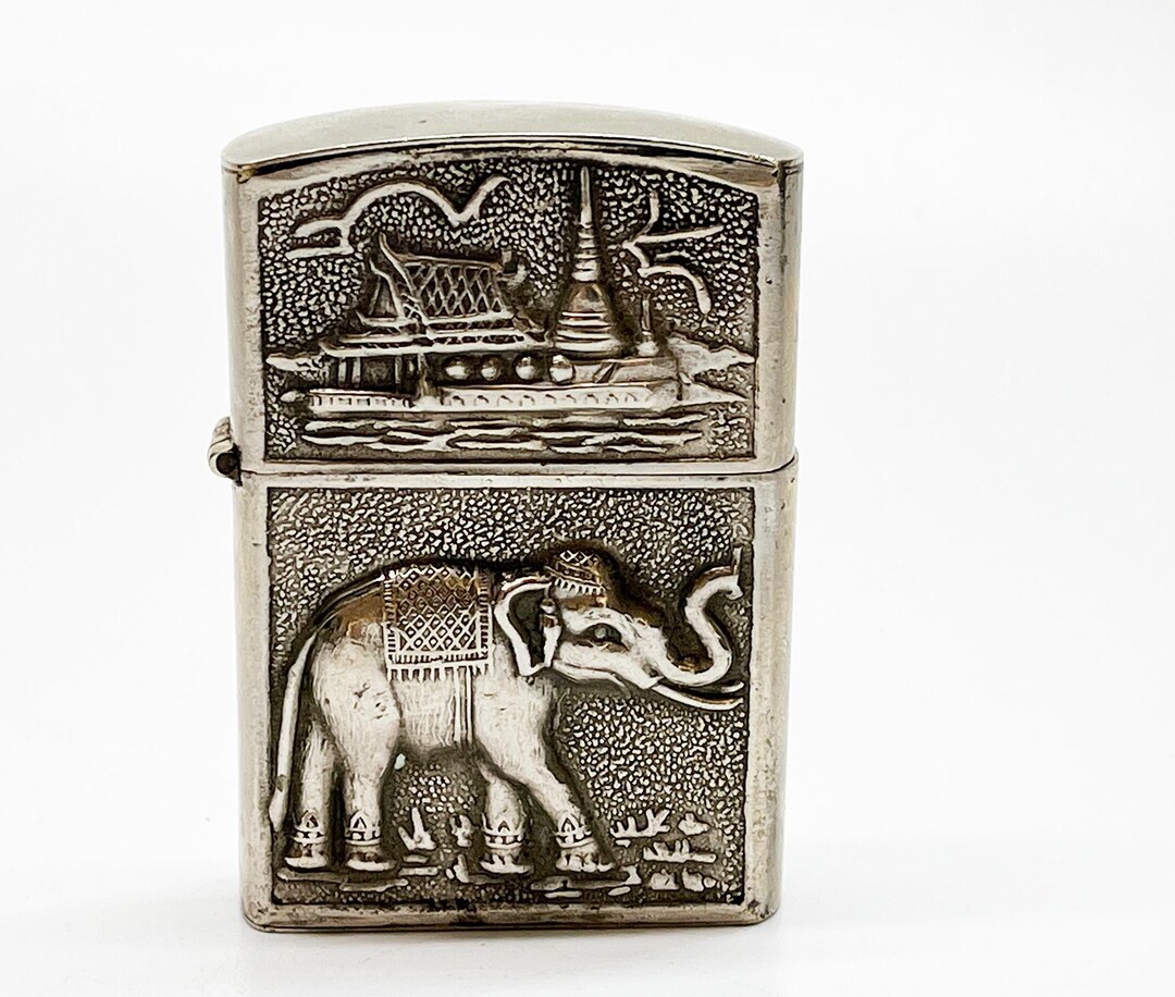 THAILAND / SIAM LIGHTER Working 1950s Silver Toned Embossed Buddhist ...