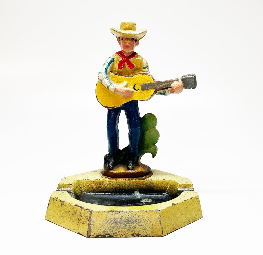 VINTAGE COWBOY ASHTRAY Rare Cast Iron John Wright 1940s Cowboy Guitar ...