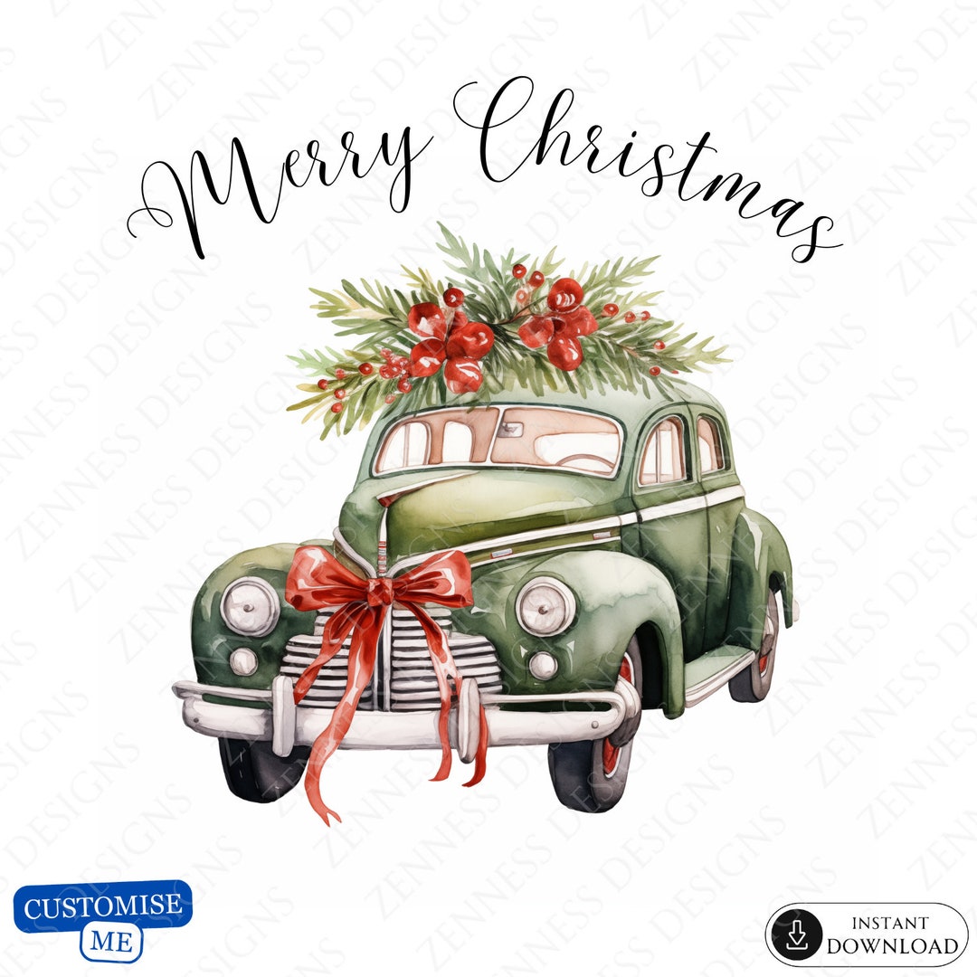 Personalised Merry Christmas Vintage Car, Holiday Greeting Card, PNG ...