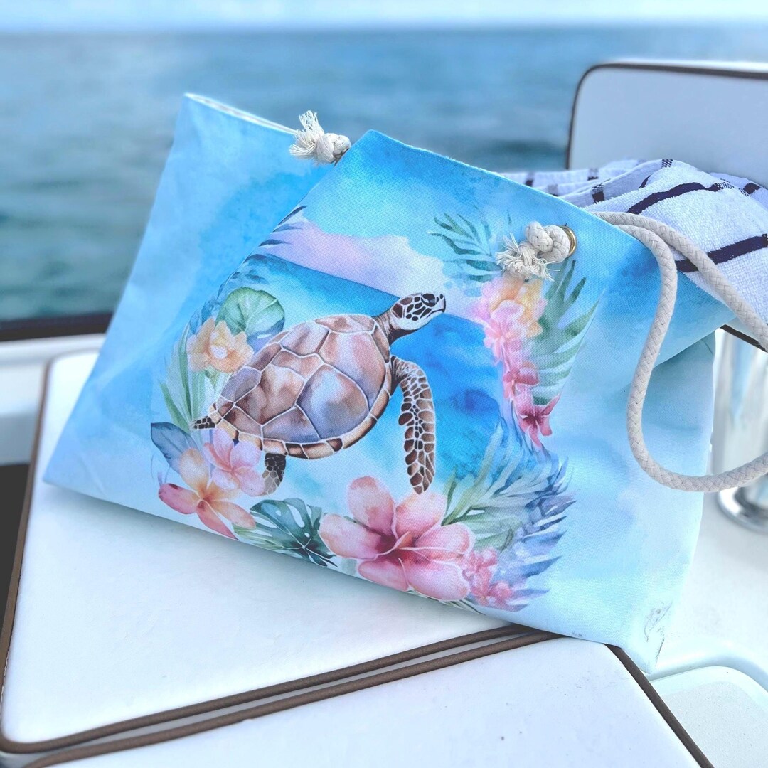 Sea Turtle Tote Bag, Tropical Floral Sea Turtle Weekender Bag, Sea ...