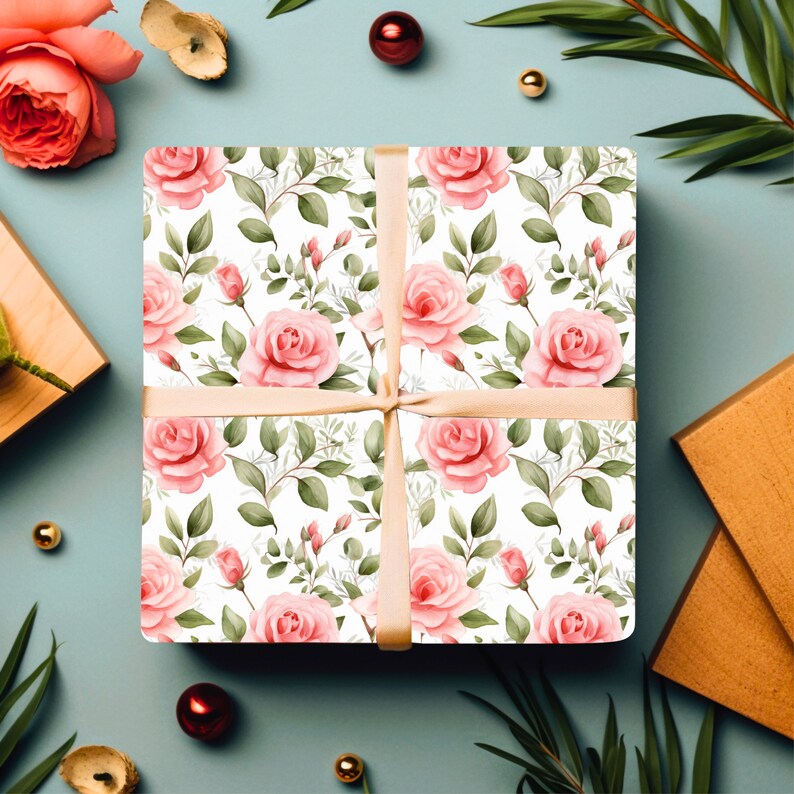 Holiday Botanical Digital Wrapping Paper Mock-up Overlay: Instant ...
