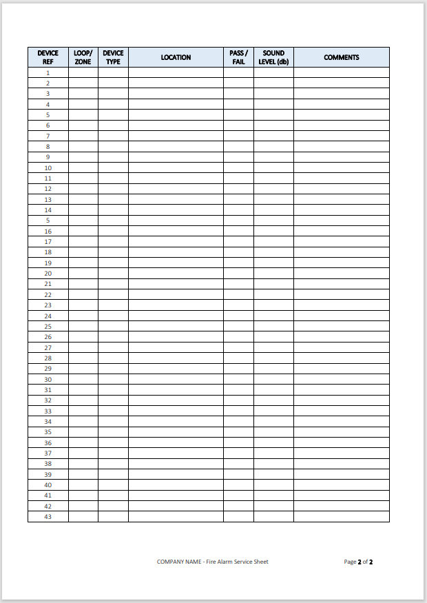 UK Fire Alarm Service Sheet Template for Fire Engineers - Etsy UK