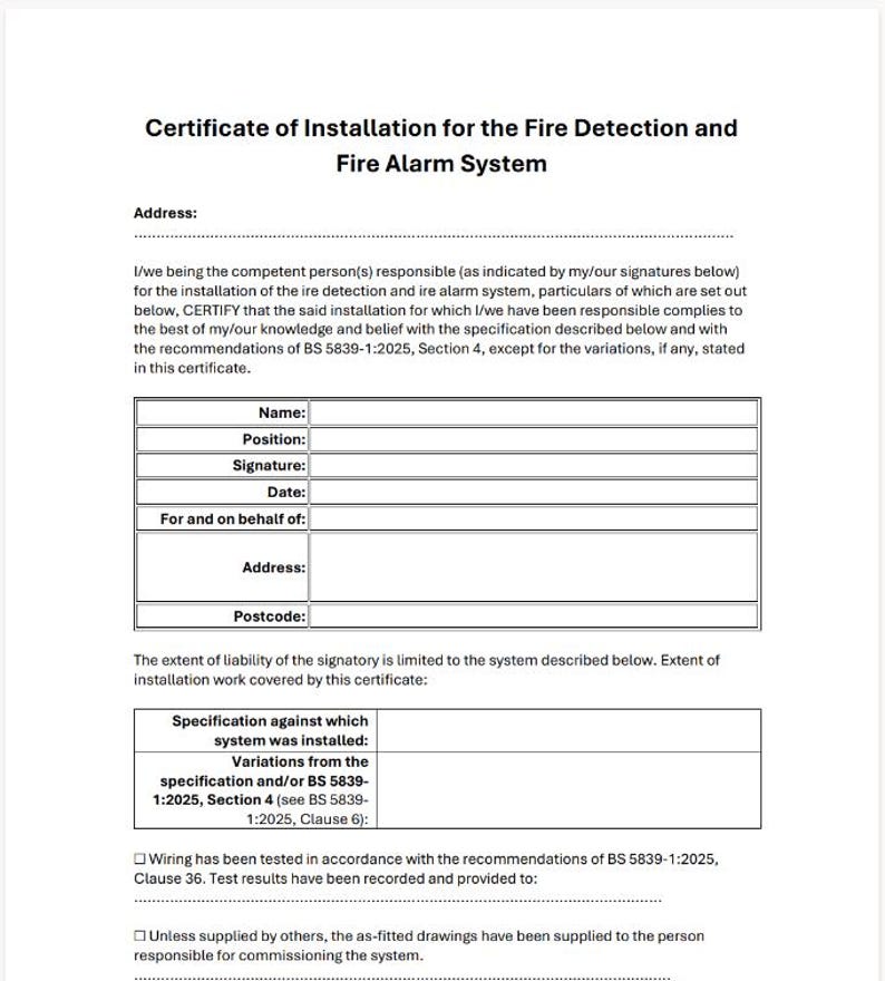 BS5839-1:2025 Fire Alarm and Detection Certificate Package - Etsy UK