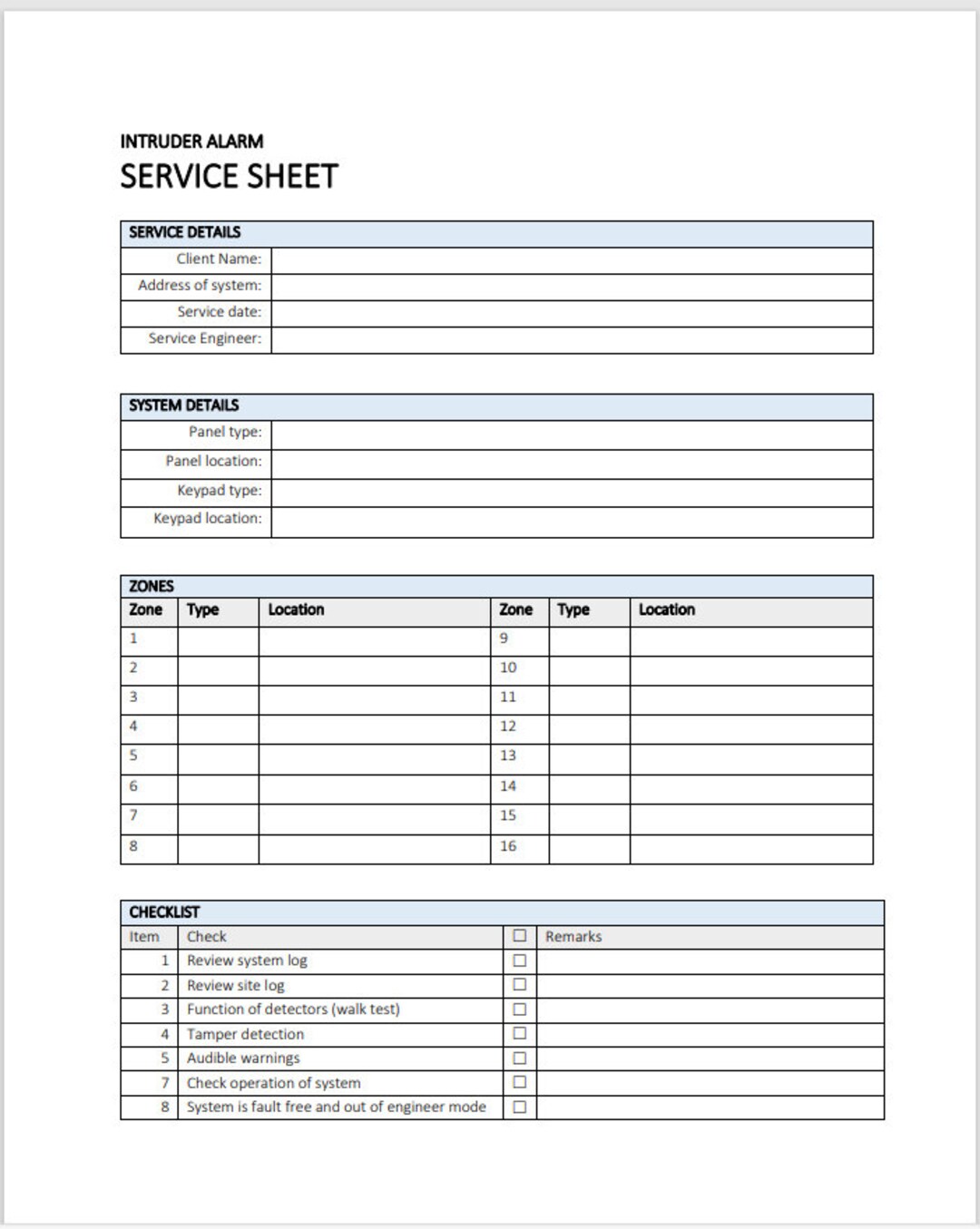 Intruder Alarm Service Sheet - Etsy UK