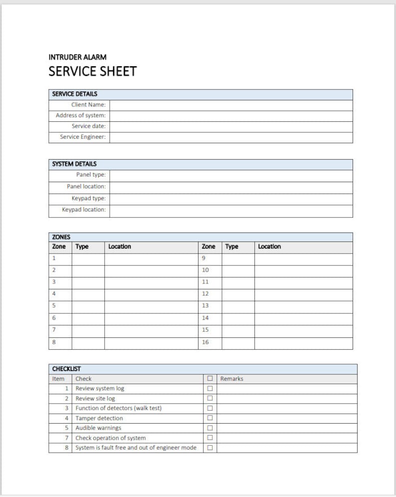 Intruder Alarm Service Sheet - Etsy UK