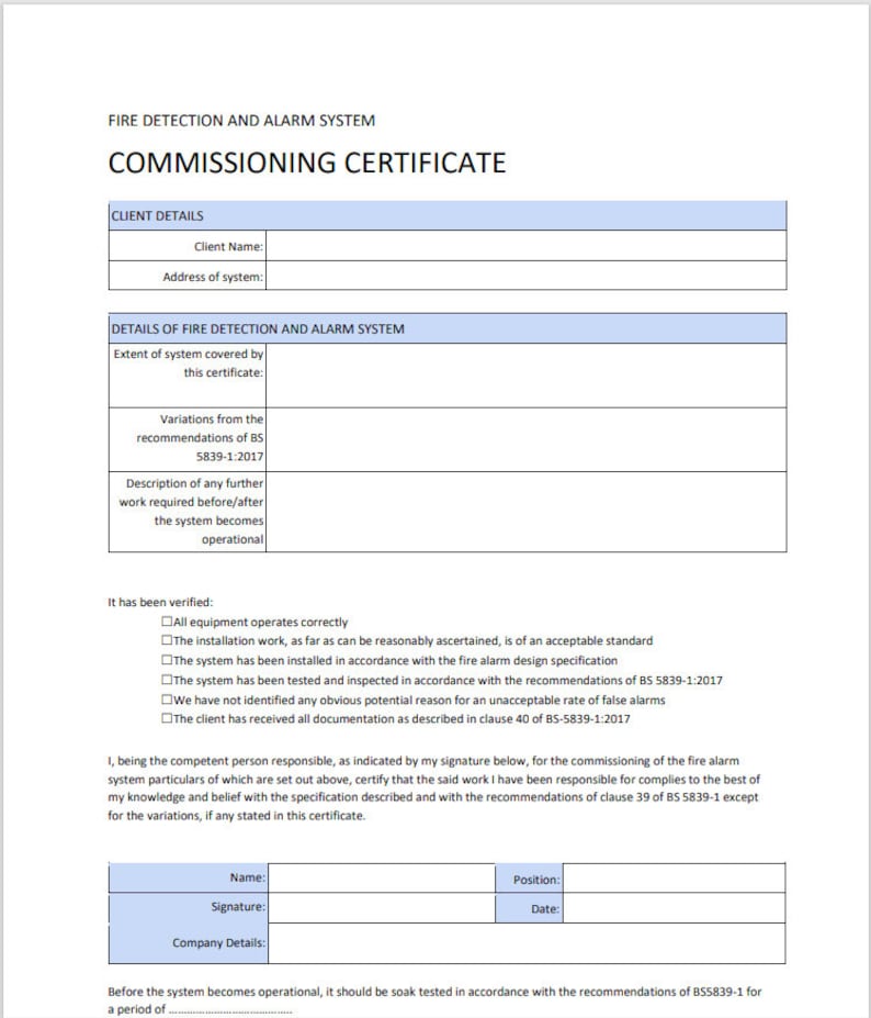 BS5839-1:2017 Fire Alarm and Detection Certificate X5 Template Package ...