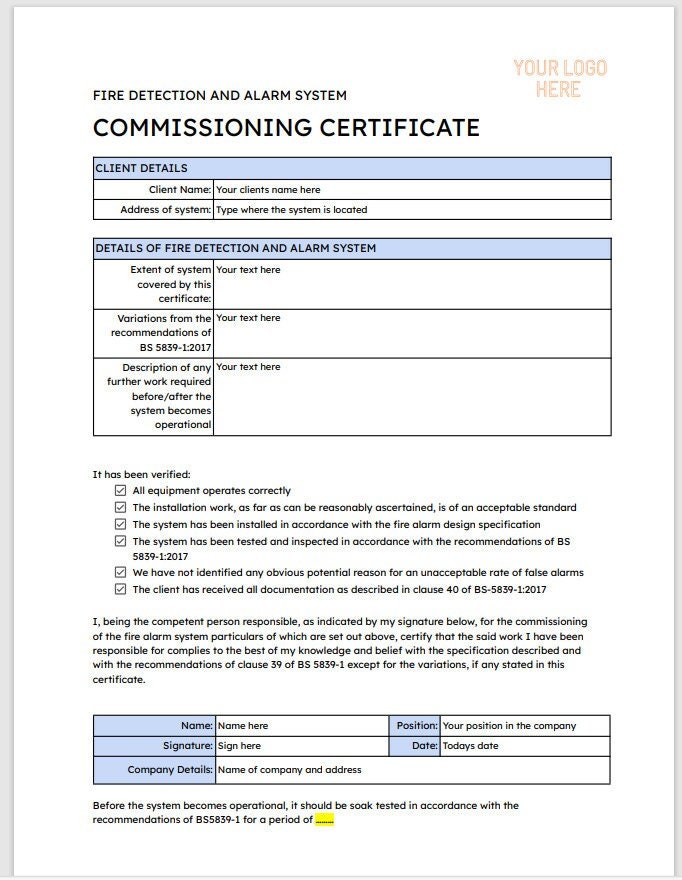 Bs5839 1 2017 Fire Alarm Commissioning Certificate Template Etsy