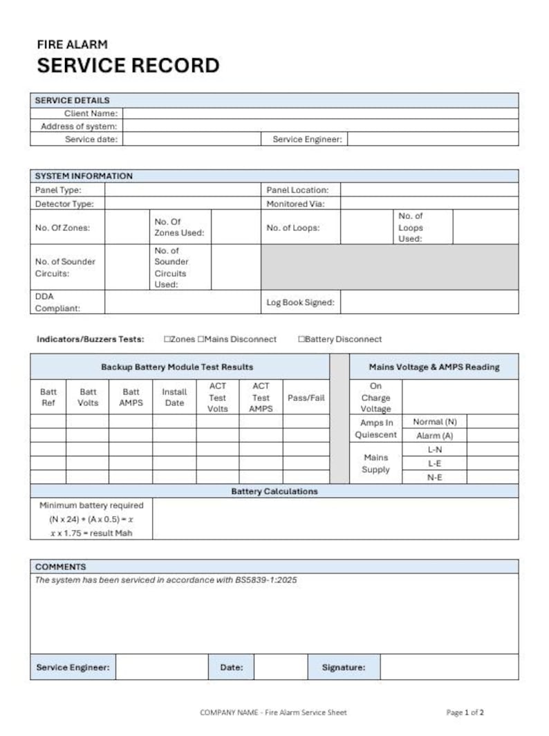 UK Fire Alarm Service Sheet Template for Fire Engineers - Etsy UK