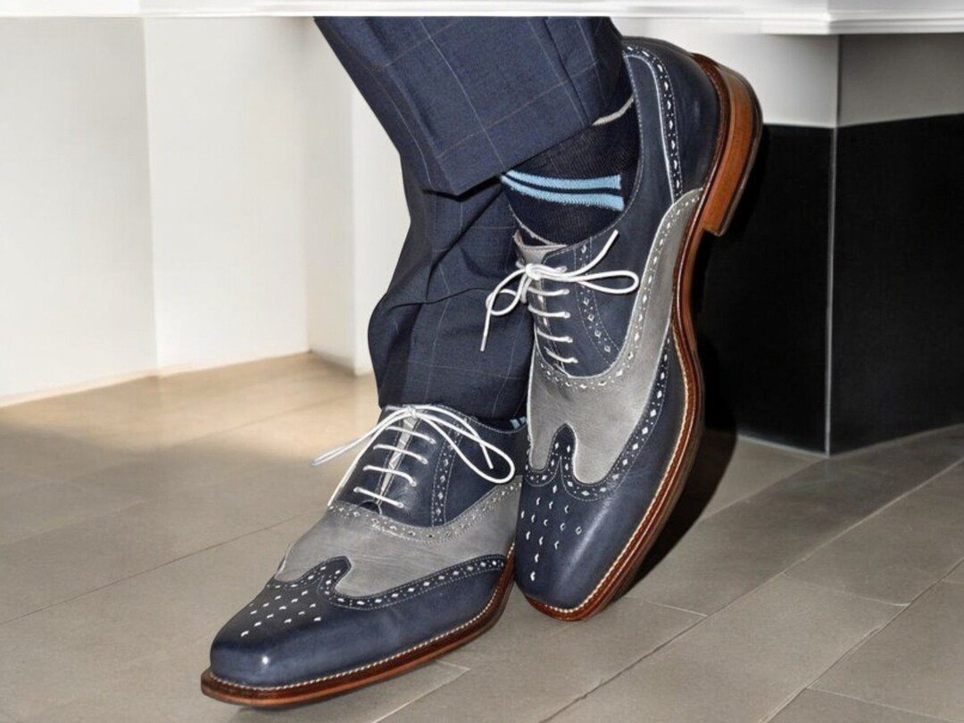 Two Tone Blue & Grey Leather Lace up Brogue Shoe, Men's Fashion Wingtip ...