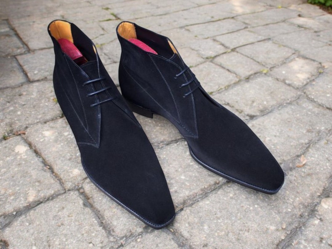 Handmade Navy Blue Suede Chukka Boot, Men's Fashion Lace up Formal Boot ...