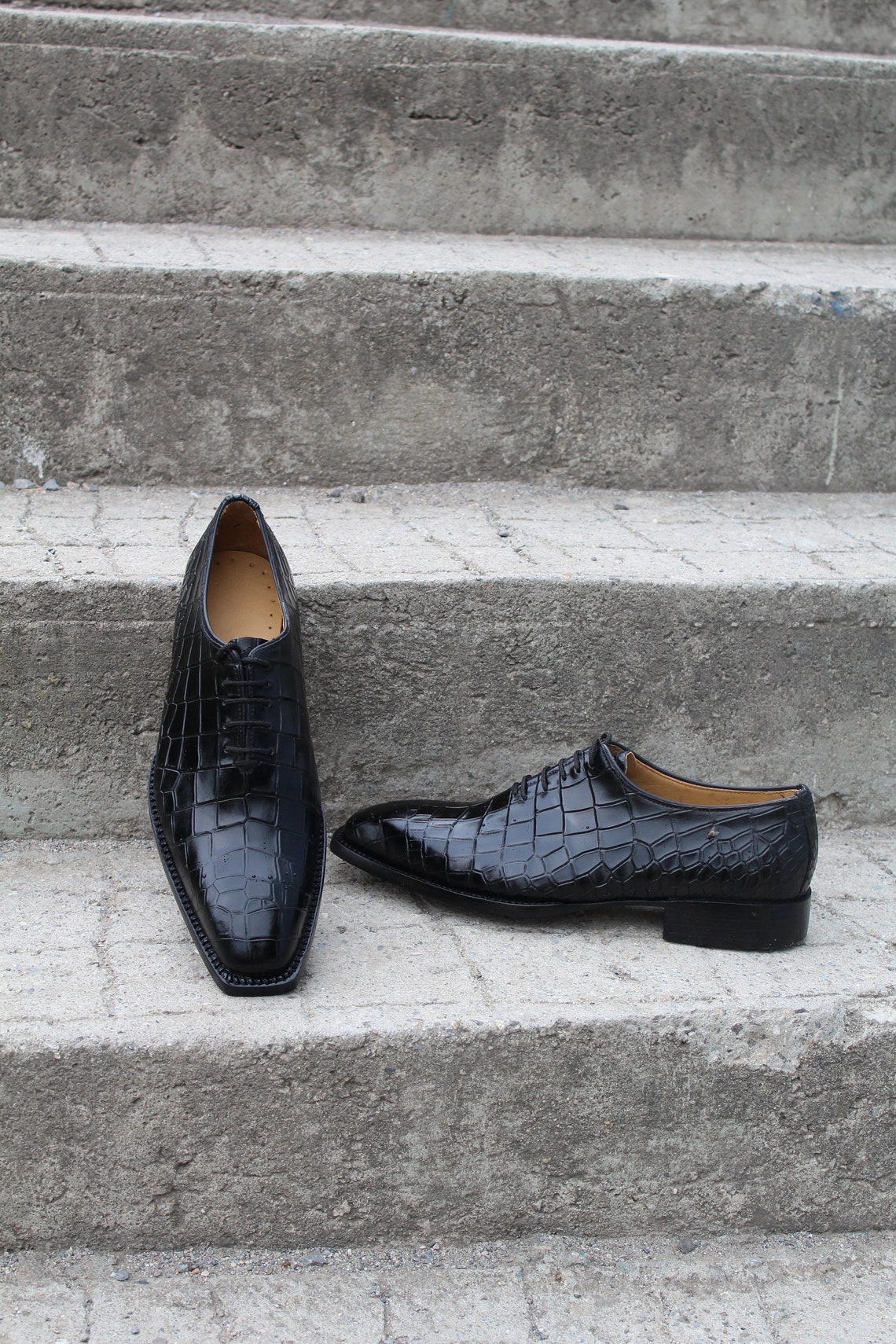 Buy New Bespoke Black Crocodile Shoe Men's Fashion Lace up Formal Dress ...