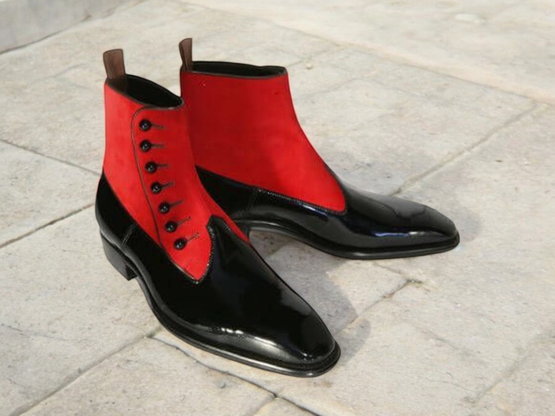 Custom Made Black Patent Leather & Red Suede Button Boot, Men's Fashion ...