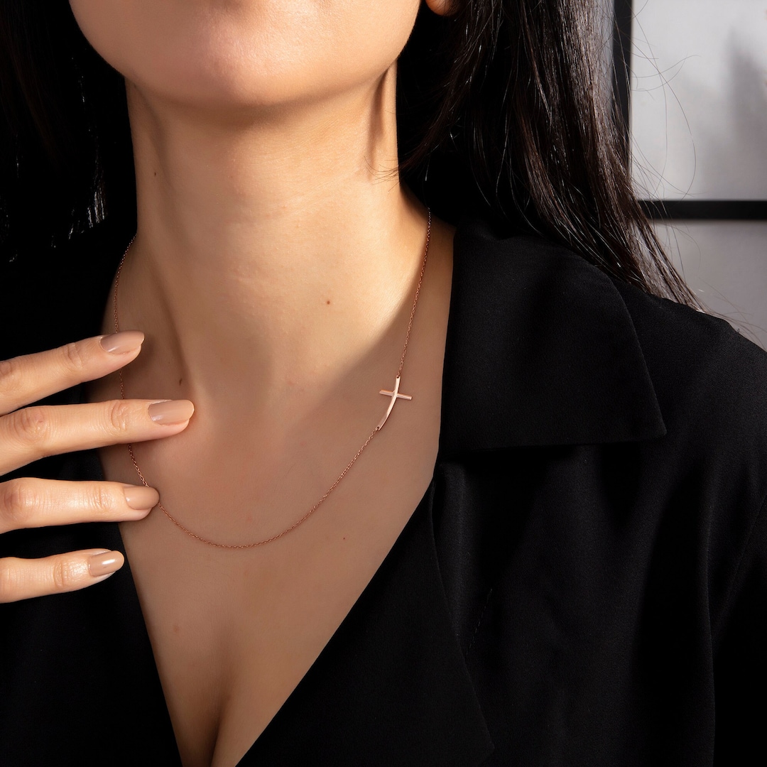 18K Gold Sideways Cross Necklace, Silver Curved Side Crucifix Necklace ...