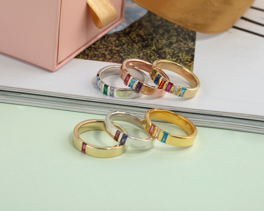 10K Gold Family Birthstone Rings for Mothers, Silver Baguette Initial ...