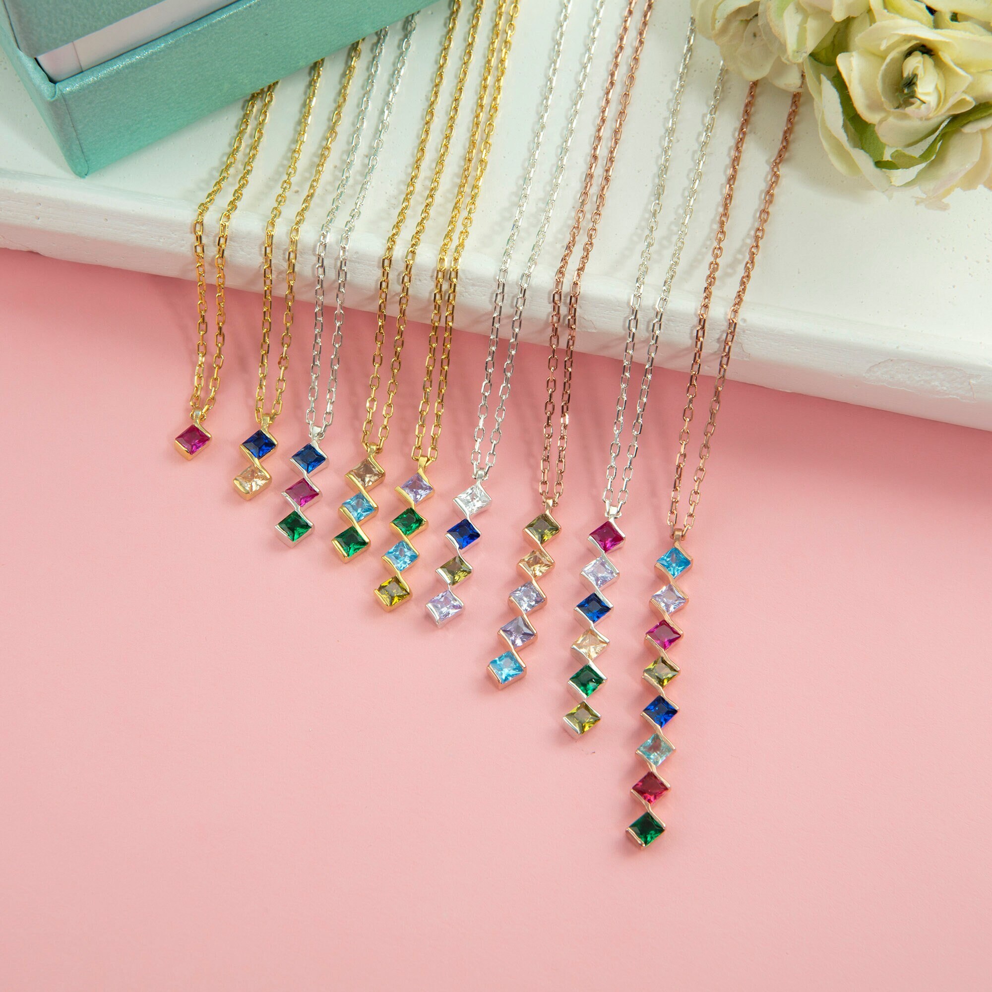 Custom Birthstone Necklace: Sterling Silver Princess Cut Gemstone ...