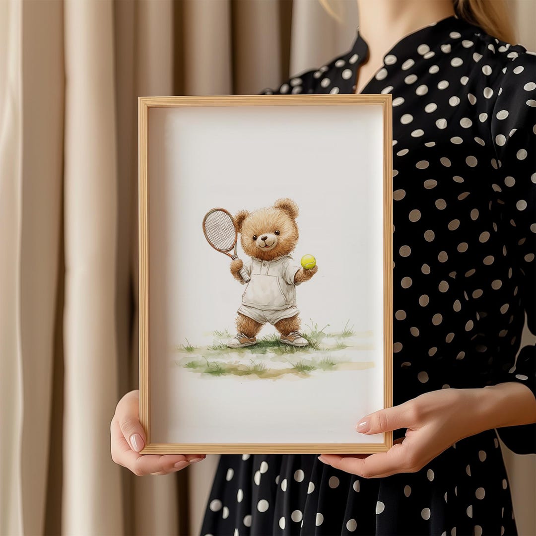 Vintage Tennis Teddy Bear Print: Whimsical Nursery Decor (digital ...