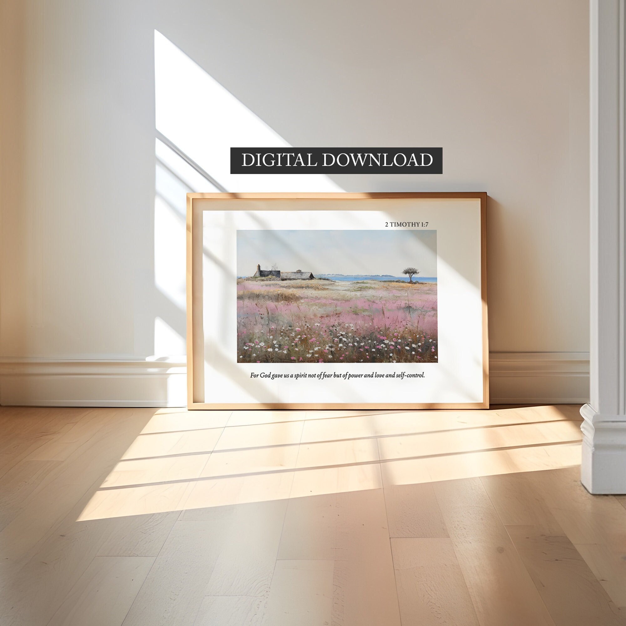 2 Timothy 1:7 Floral Landscape Printable, Vintage Christian Art, Modern Scripture Decor, Bible ...