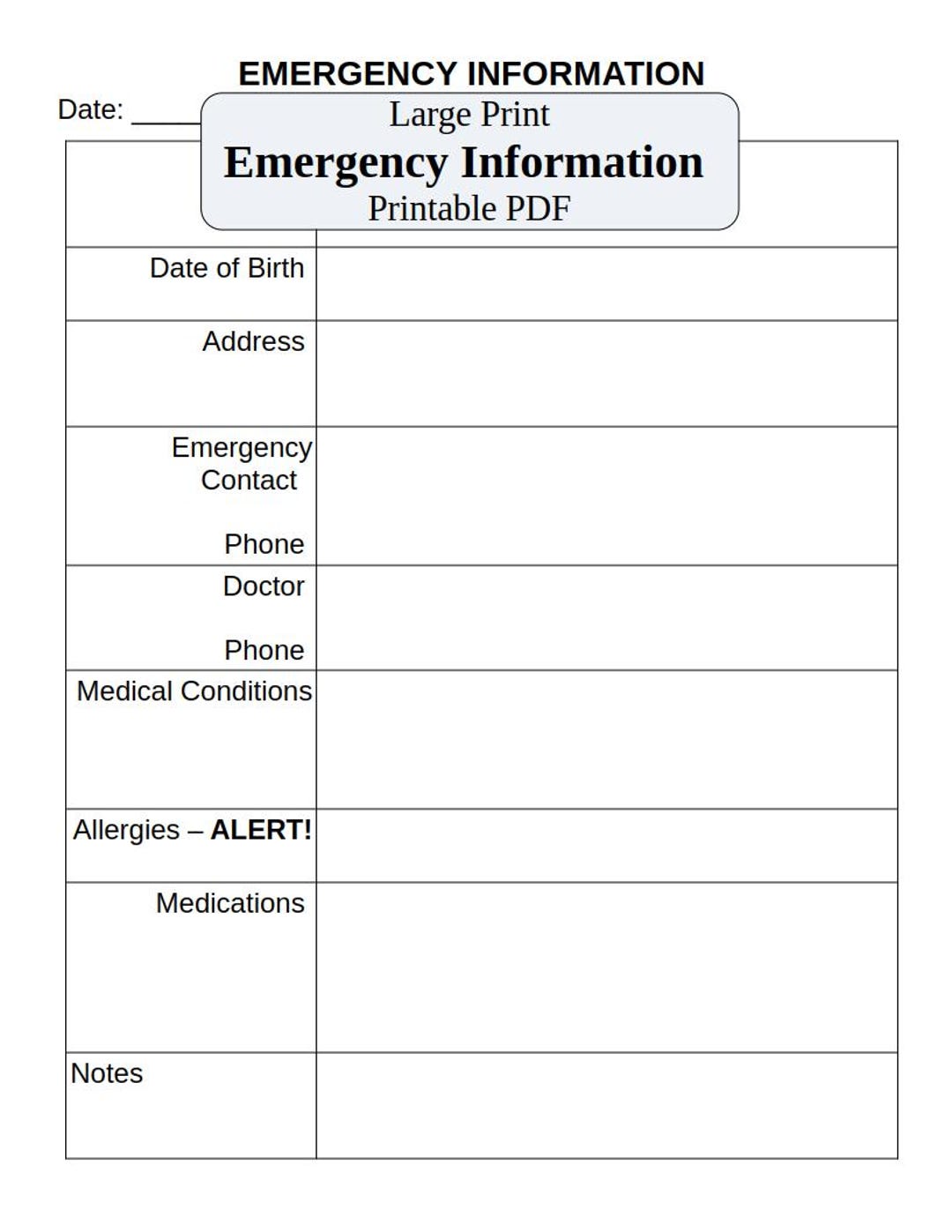 Large Print Emergency Information Sheet Printable PDF | Medical Info ...