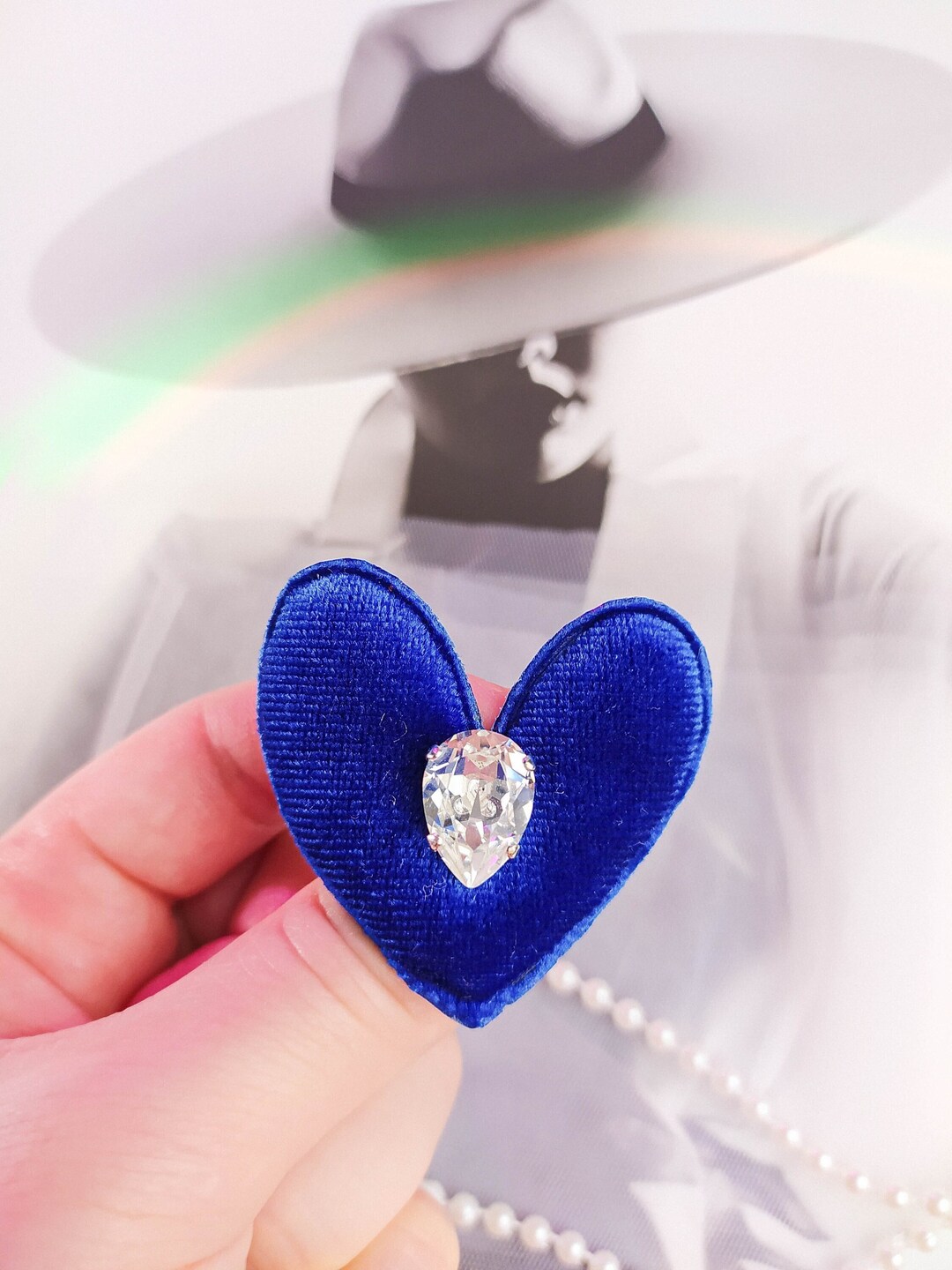 Blue Heart Brooch With a Drop Stone Crystal Color - Etsy