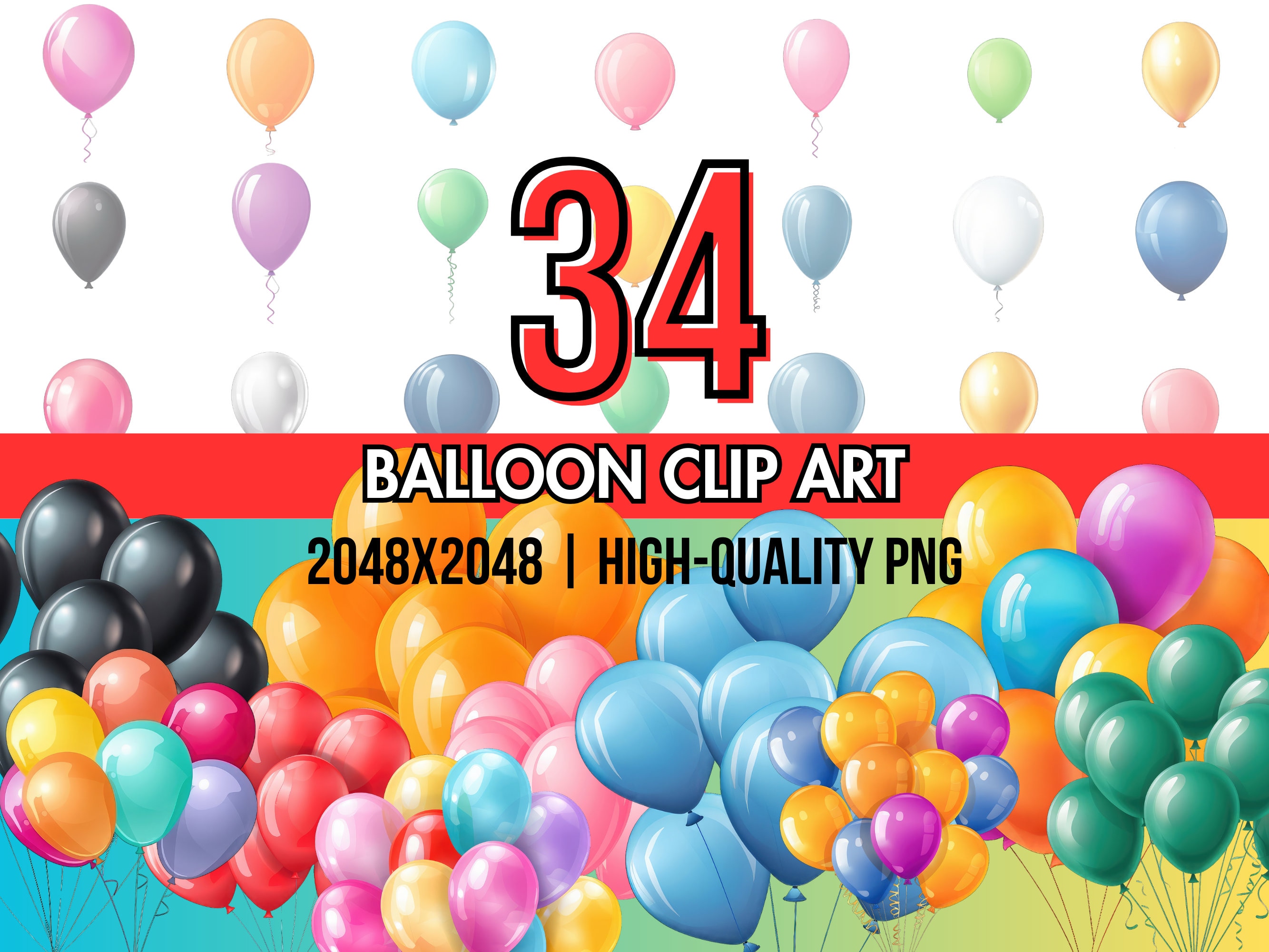 34 Balloon Clip Art Set: Birthday, Black & White, Blue, Pink, Red ...