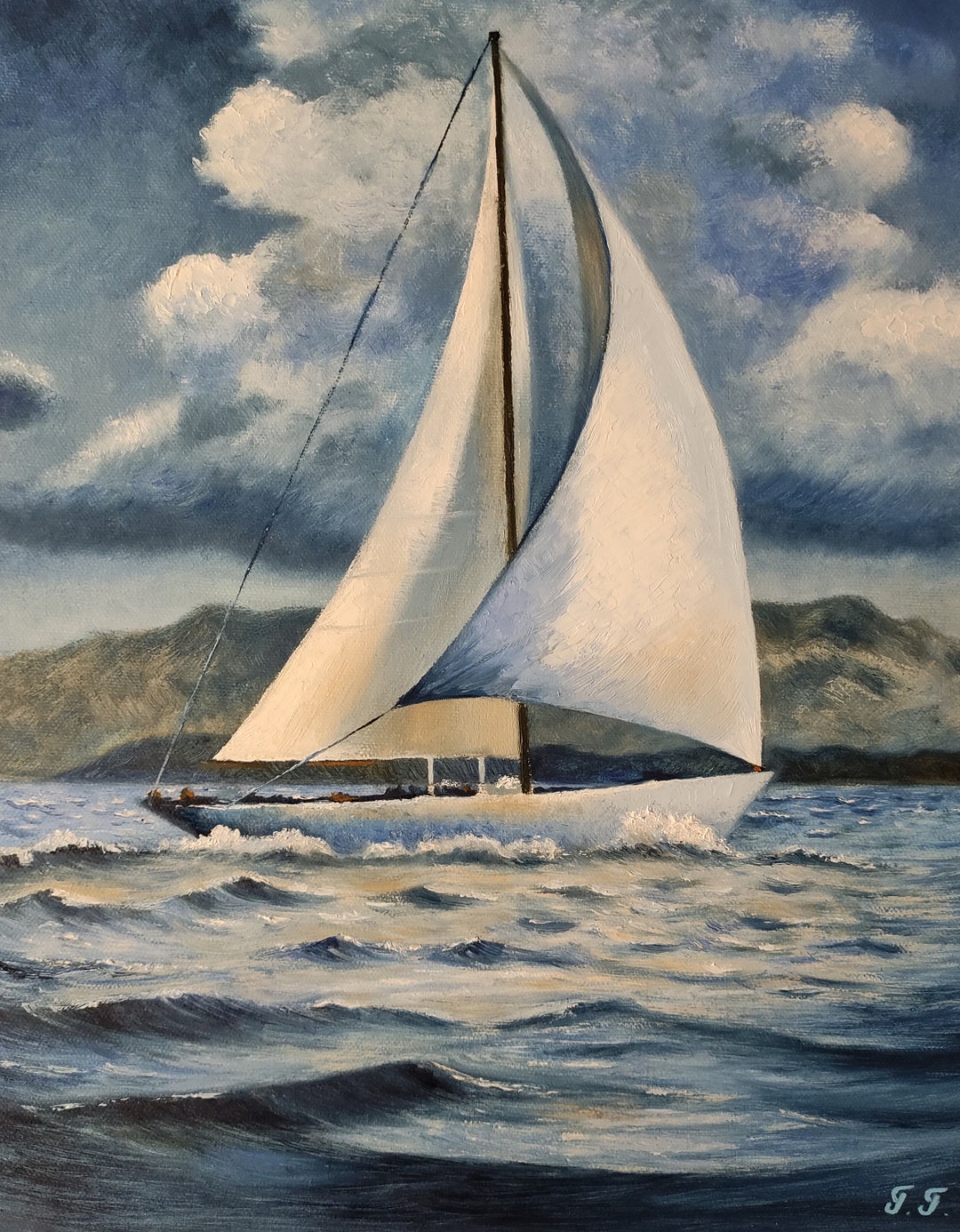 Cuadro de Marina, velero bajo el viento, cuadro al óleo, hecho a mano ...
