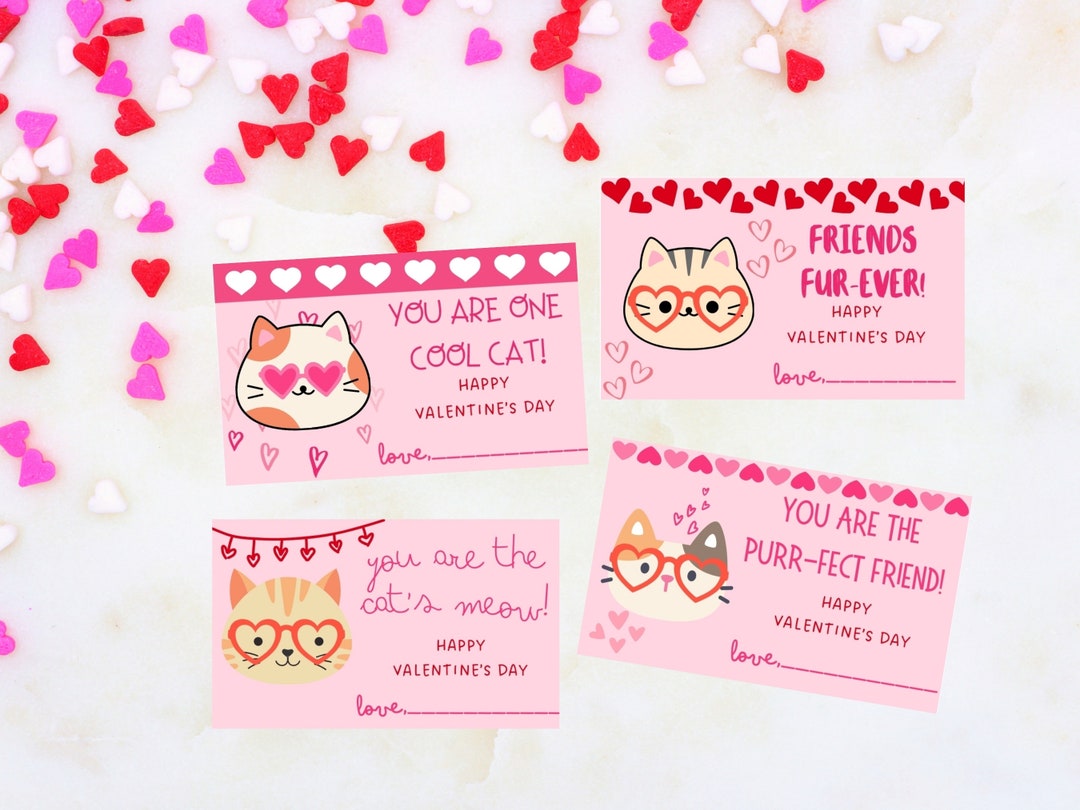 Cat Valentine Card, Classroom Gift Tag, Meow, Pink Classroom Card ...