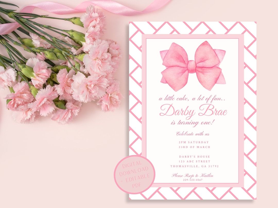 Pink Bow First Birthday Party Invitation, Digital and Editable Download ...