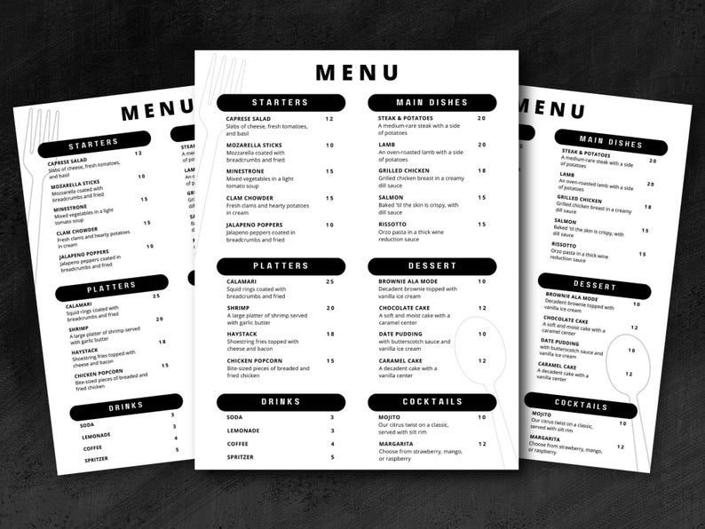 Simple Black & White Menu Template Minimal Menu Canva Template Editable ...