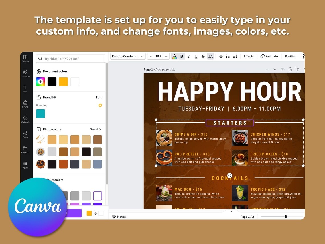 Modern Happy Hour Menu Template | 8.5x11" Cocktail Menu Template for ...