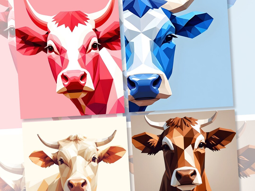 Geometric Cow Illustration Set Cute Minimalist Cow Art Colorful Cow ...