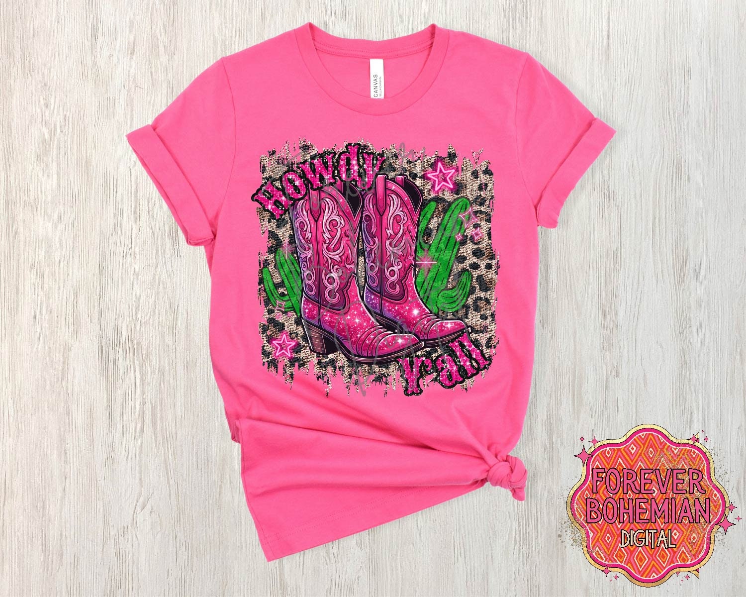 Sparkly Pink Howdy Y'all Cowgirl Boots Shirt Design PNG 300 DPI Leopard ...