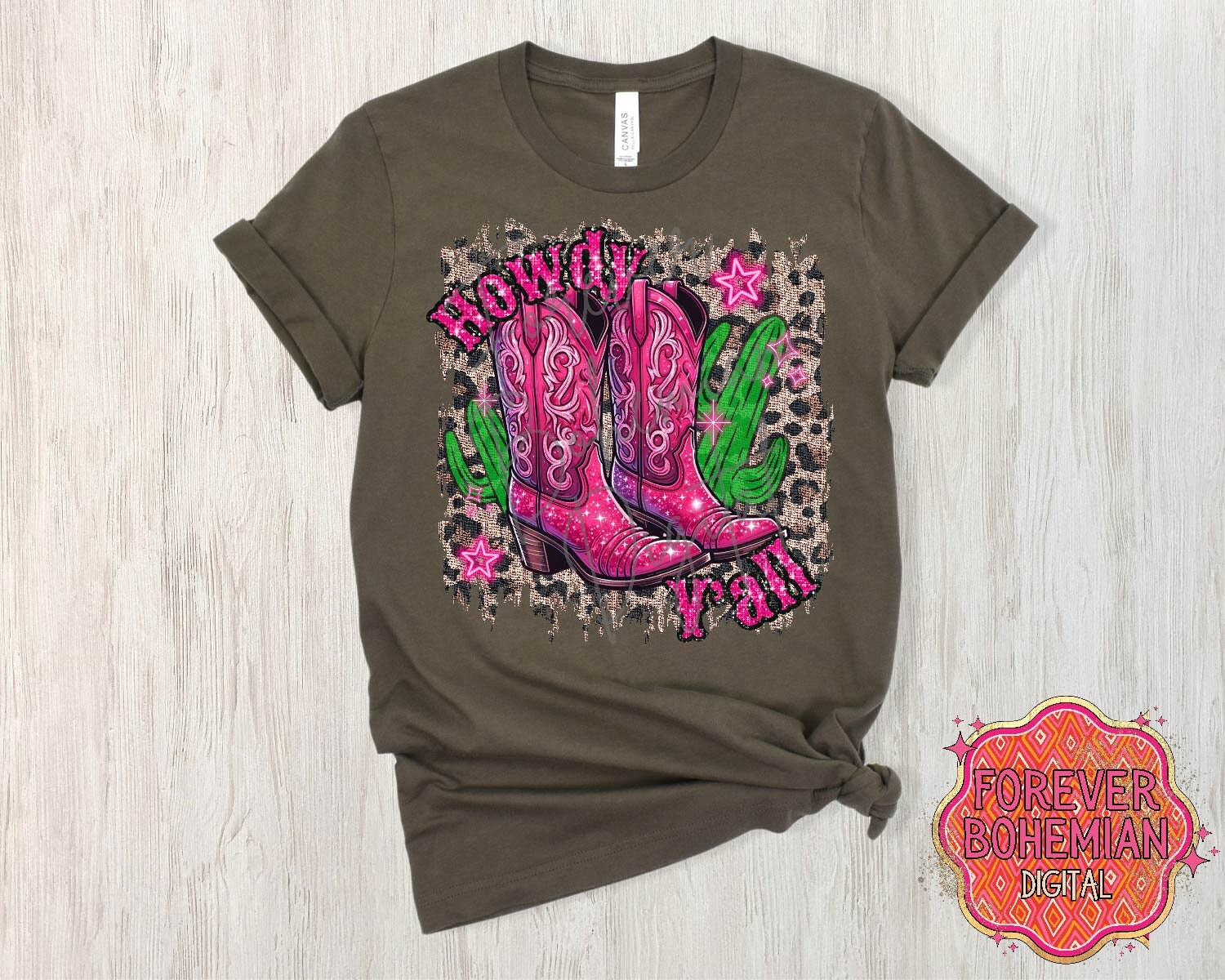 Sparkly Pink Howdy Y'all Cowgirl Boots Shirt Design PNG 300 DPI Leopard ...