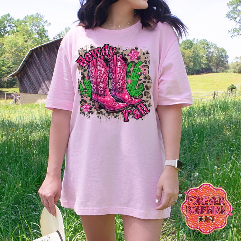 Sparkly Pink Howdy Yall Boots PNG, Western Cowgirl Shirt Design ...