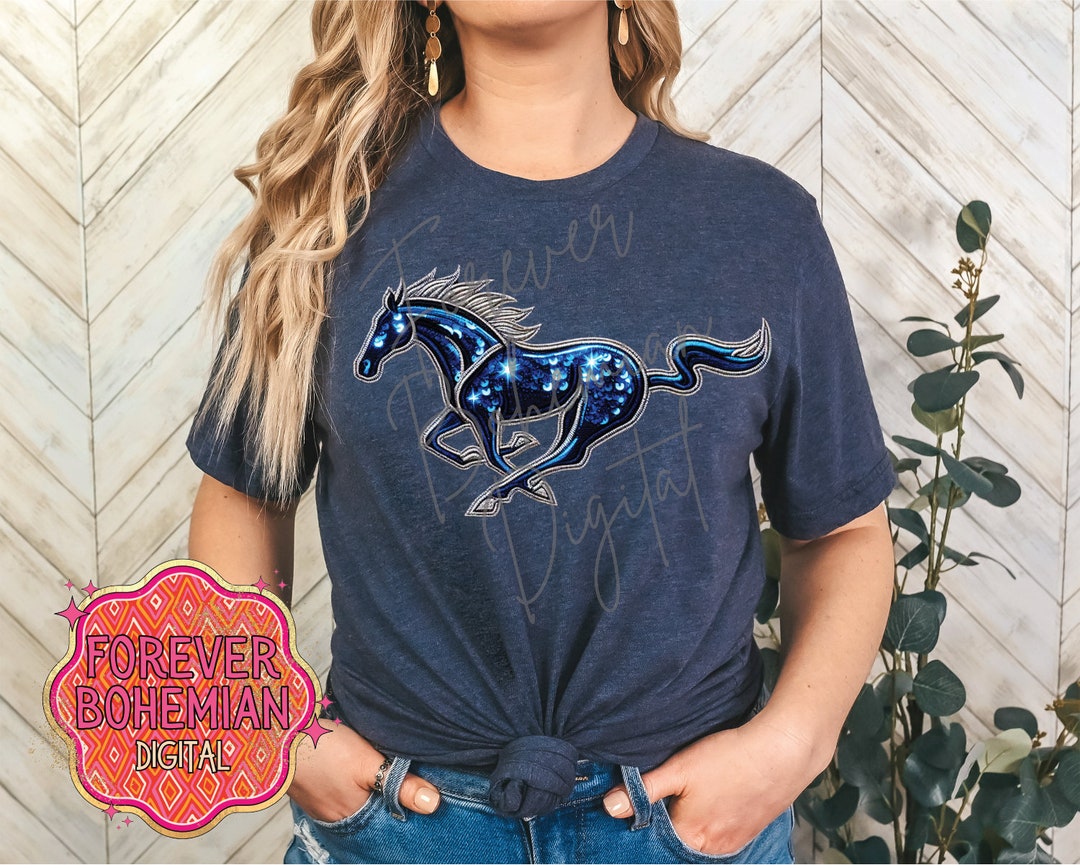 Blue and Silver Faux Sequin Mustang Mascot Embroidered Patch PNG 300DPI Instant Download ...