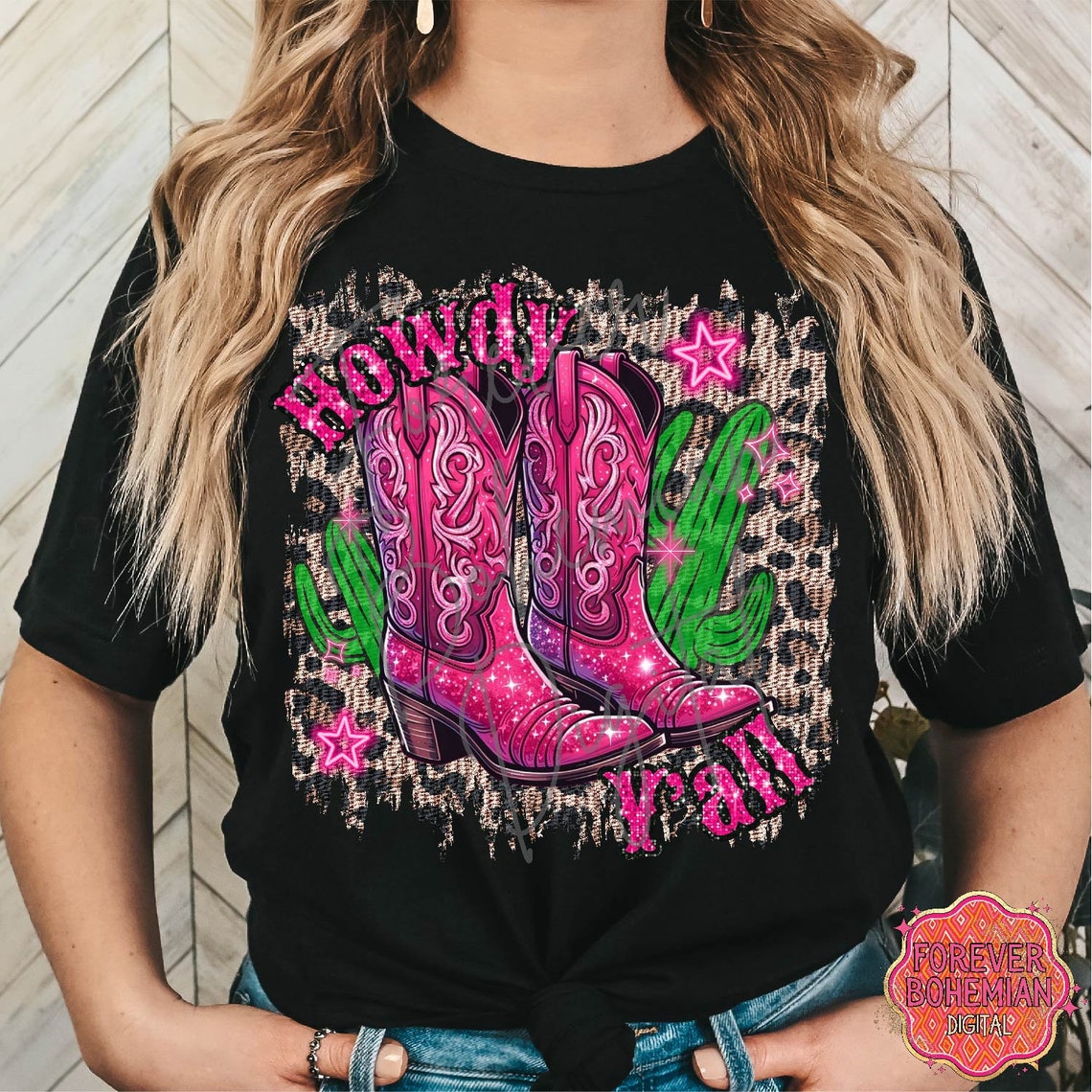 Sparkly Pink Howdy Y'all Cowgirl Boots Shirt Design PNG 300 DPI Leopard ...